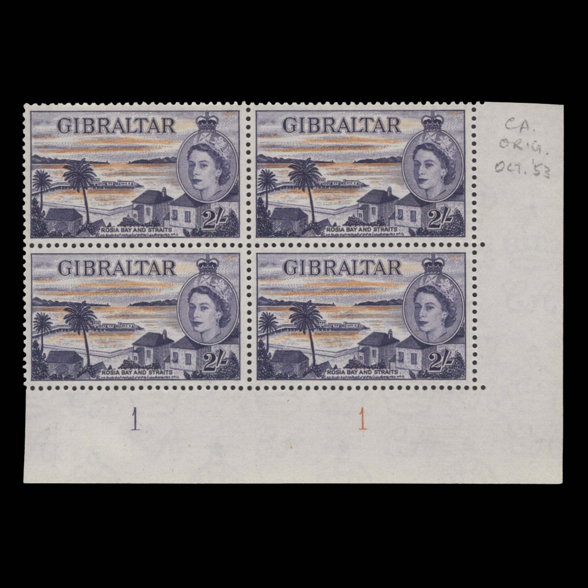 Gibraltar 1953 (MNH) 2s Rosia Bay and Straits plate 1–1 block | Europe ...