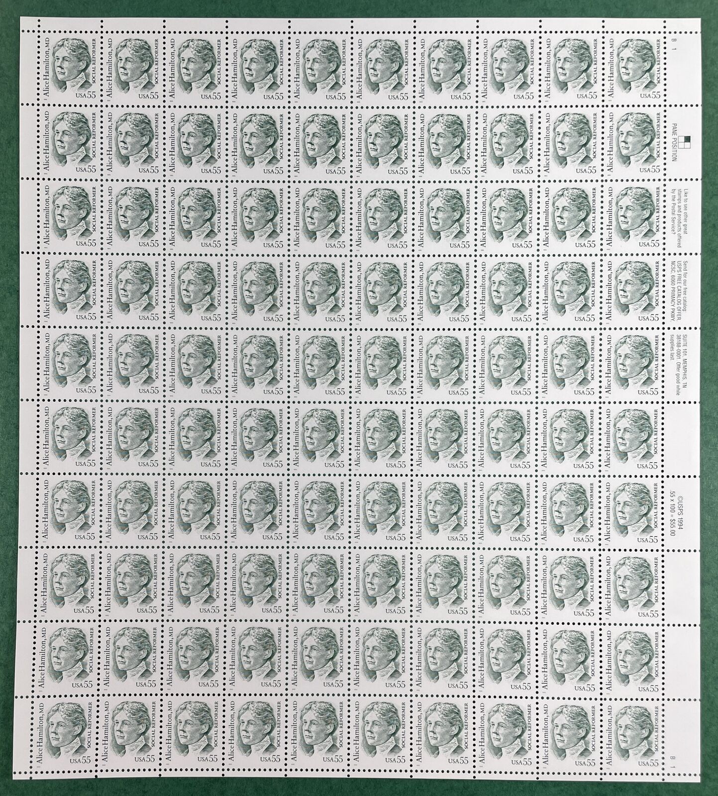 Scott 2940 ALICE HAMILTON, MD Sheet of 100 US 55¢ Stamps MNH 1998 ...
