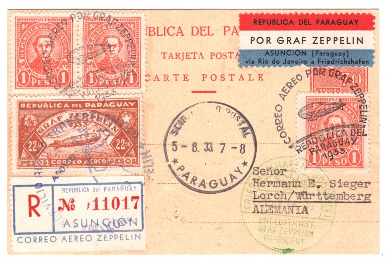 PARAGUAY *GRAF ZEPPELIN* 22.5p Airmail Registered 1933 Seiger Card ...