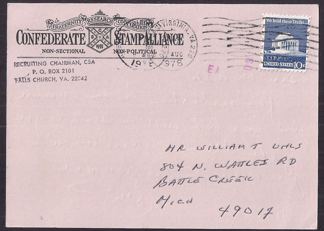 Interesting Post Card from 1978 from Confederate Stamp Alliance ...