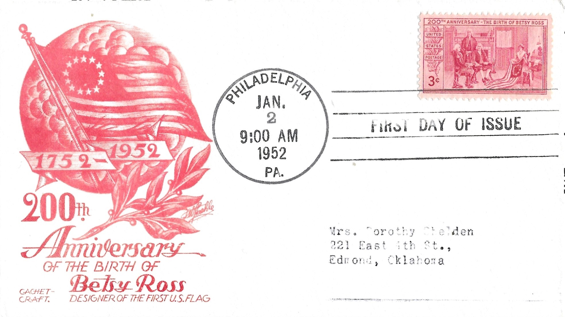 1952 FDC, #1004, 3c Betsy Ross, CC/Staehle | United States, General ...