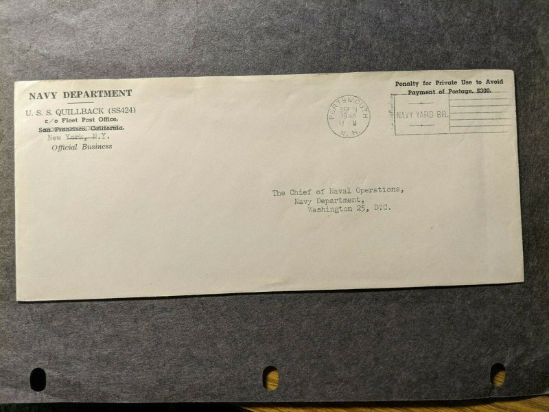 Submarine USS QUILLBACK SS-424 Official Naval Cover 1946 PORTSMOUTH, NH ...