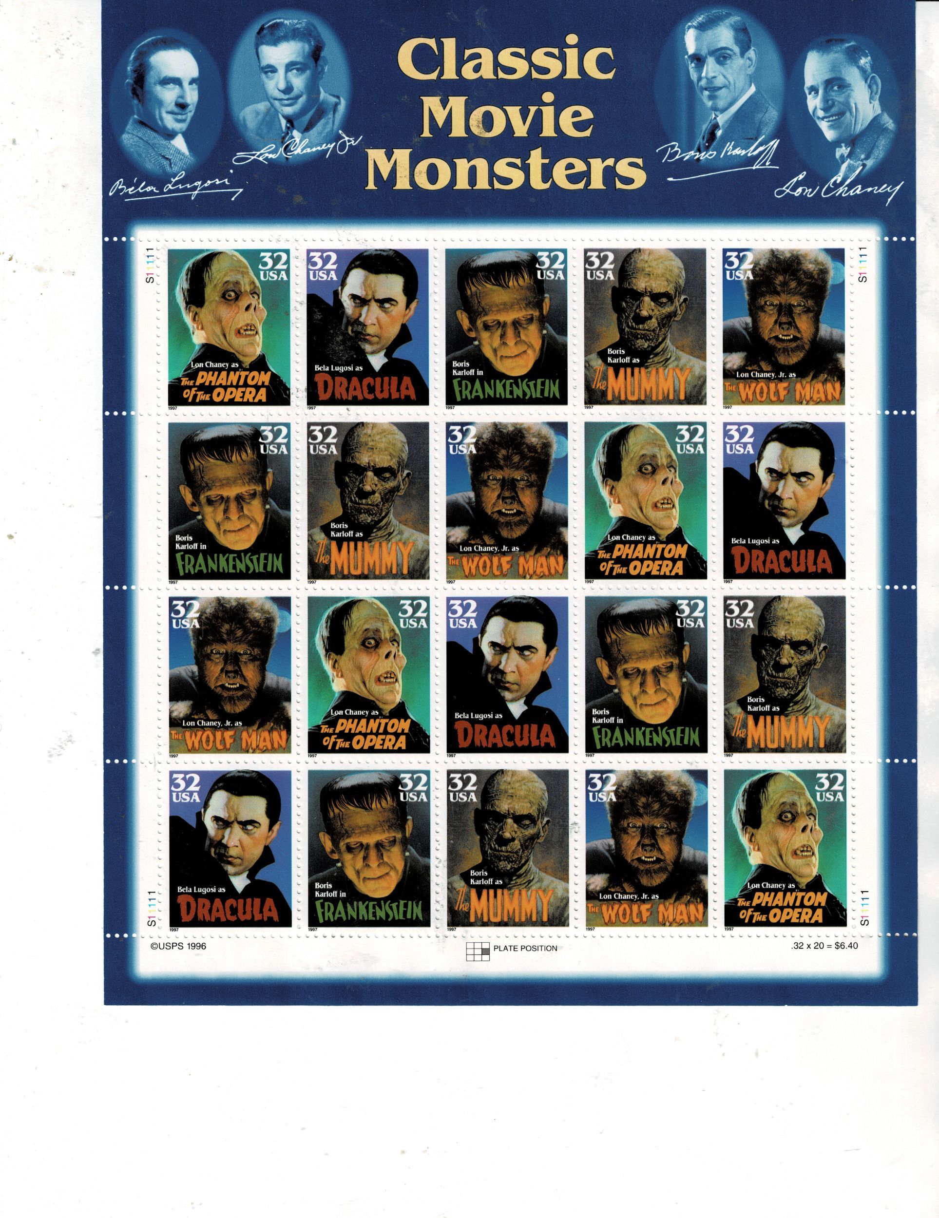 Classic Movie Monsters 32c US Postage Sheet #3168-72 VF MNH | United ...