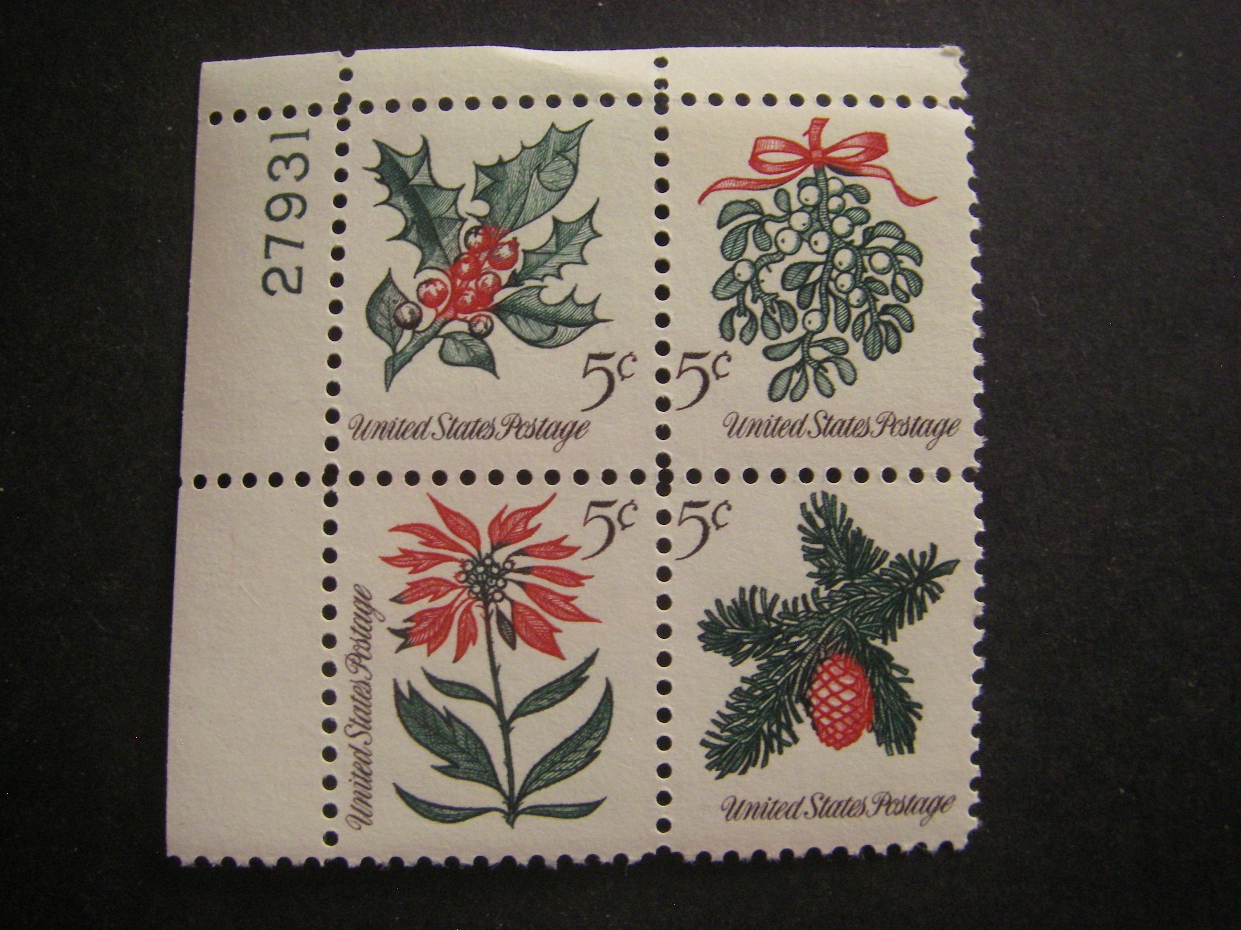 Scott 1254-1257 or 1257b, 5c Christmas Garland, PB4 #27931 UL, MNH ...