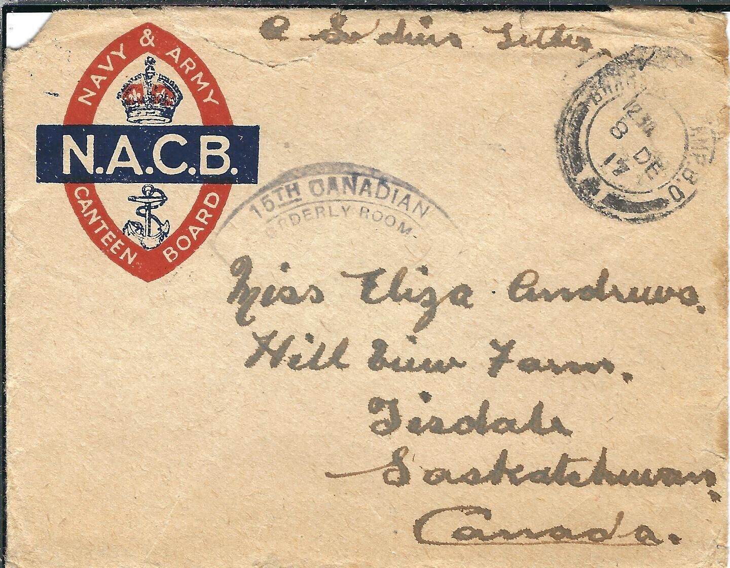 WW1: Army & Navy Canteen Board, 15th Canadian Orderly Room to Trisdale ...