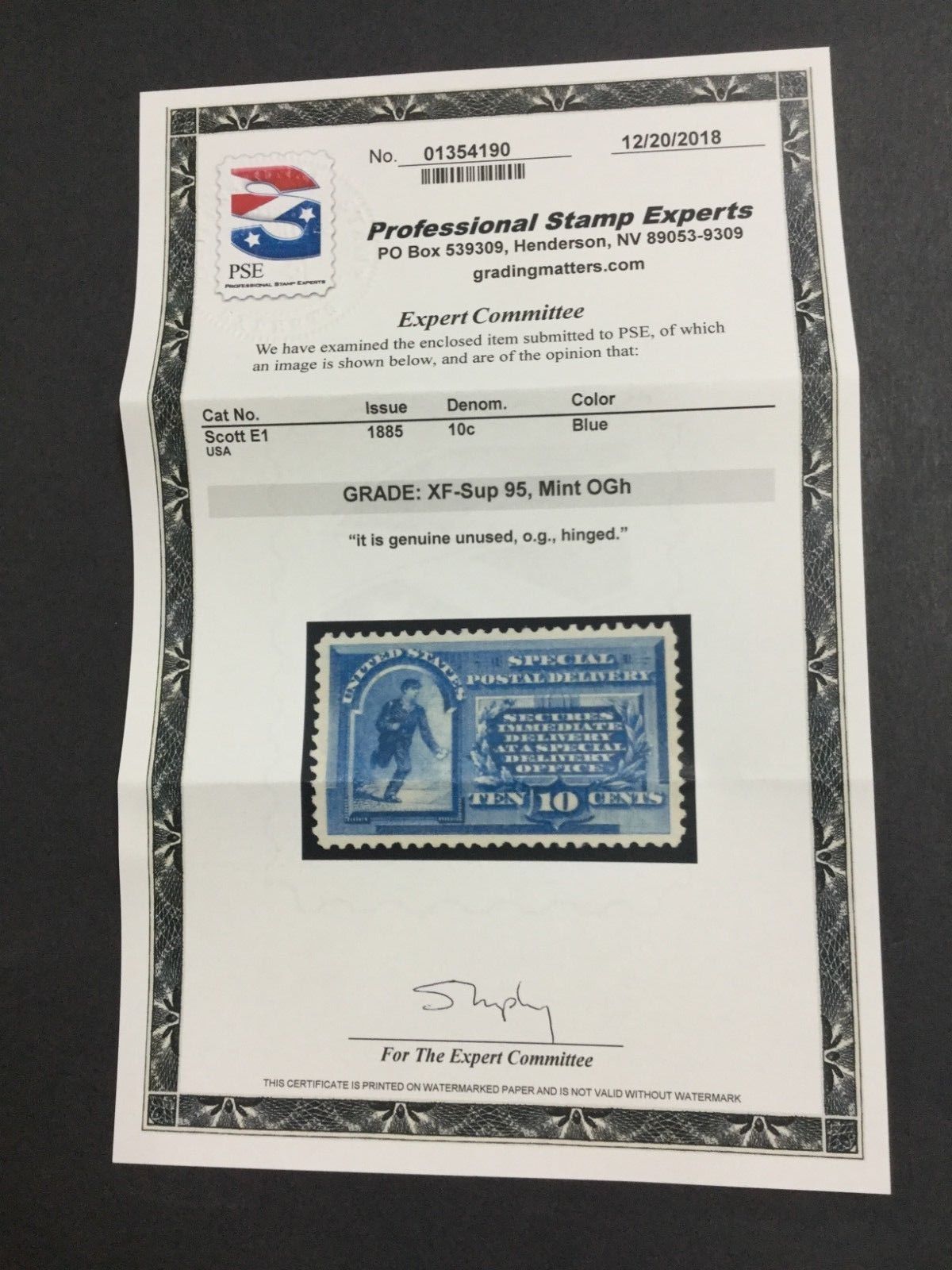 US Stamps #E1 Special Delivery Mint OG H PSE Graded Cert Xf-Sup 95 ...
