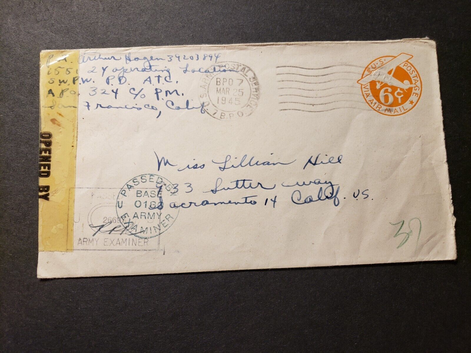 APO 324 ADMIRALTY ISLAND 1945 Censored WWII Army Cover SWPW PD ATC 7 ...