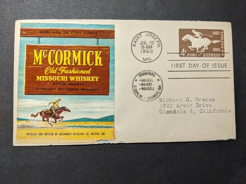 Pony Express 1960 FDC Cover Mccormick OLD Fashioned Whiskey Cachet ST ...