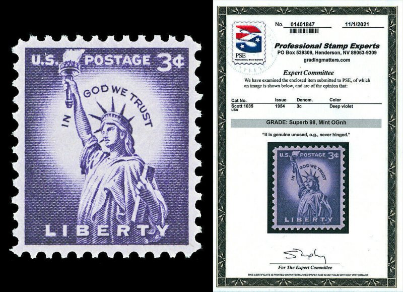 Scott 1035 1954 3c Liberty Issue (Wet) Mint Graded Superb 98 NH with ...