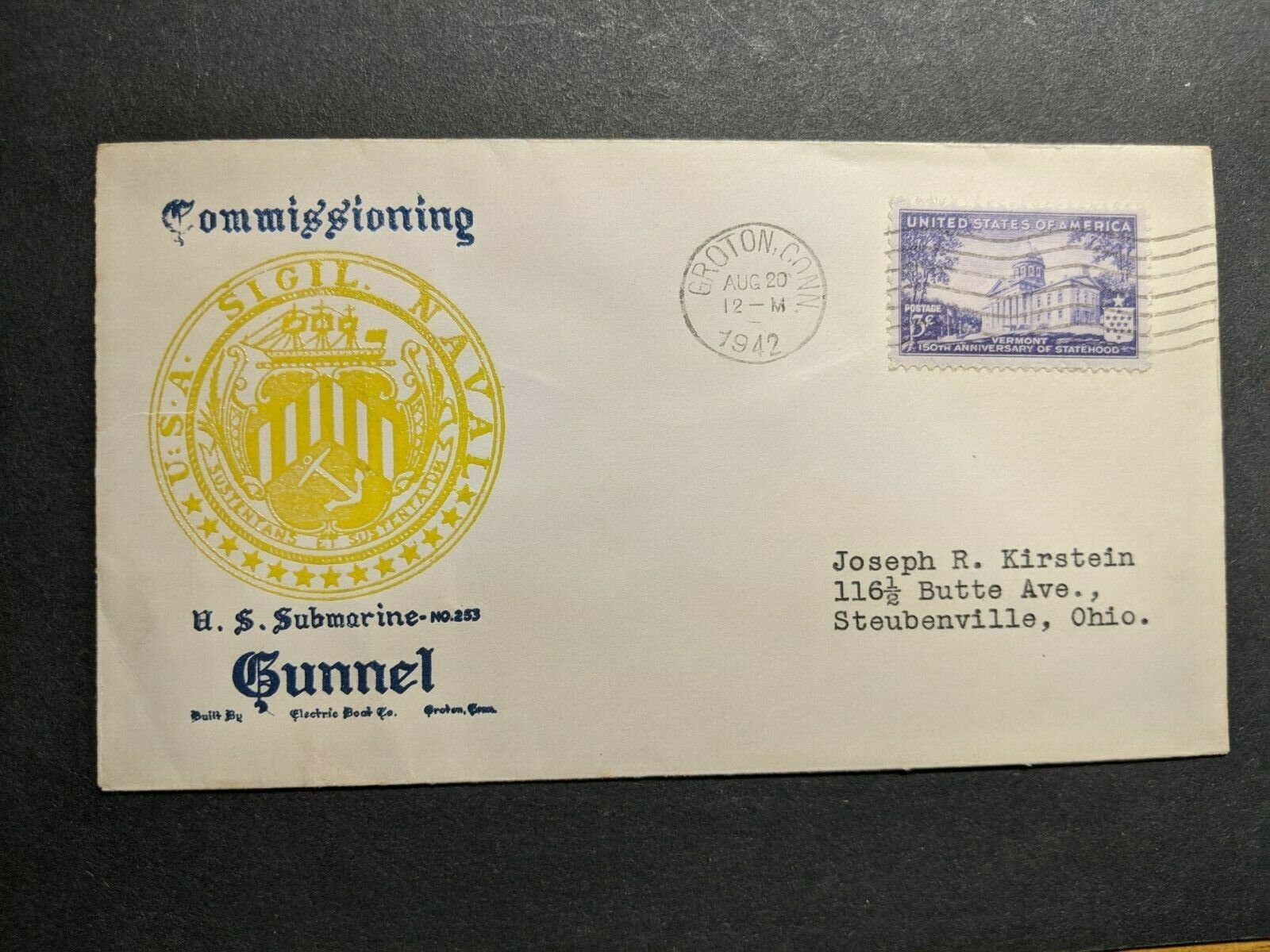 Submarine USS GUNNEL SS-253 Naval Cover 1942 WWII COMMISSIONED Cachet ...