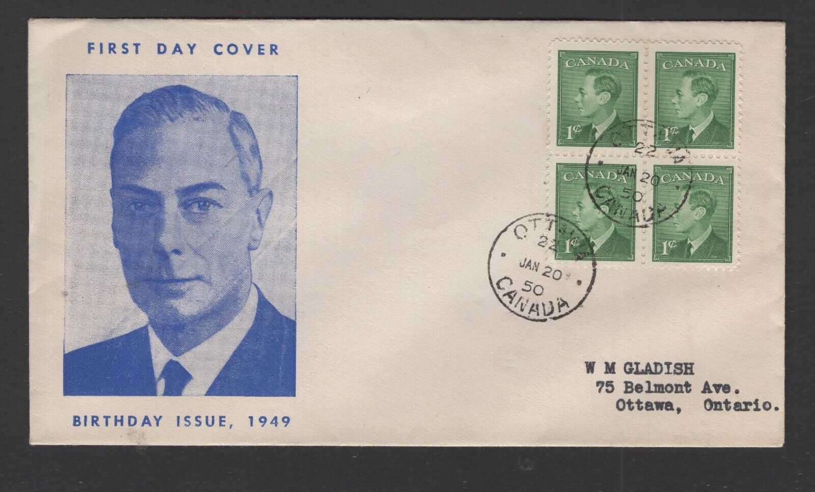 Canada #289 block (1950 1c revised George VI issue) addressed Unk-A ...