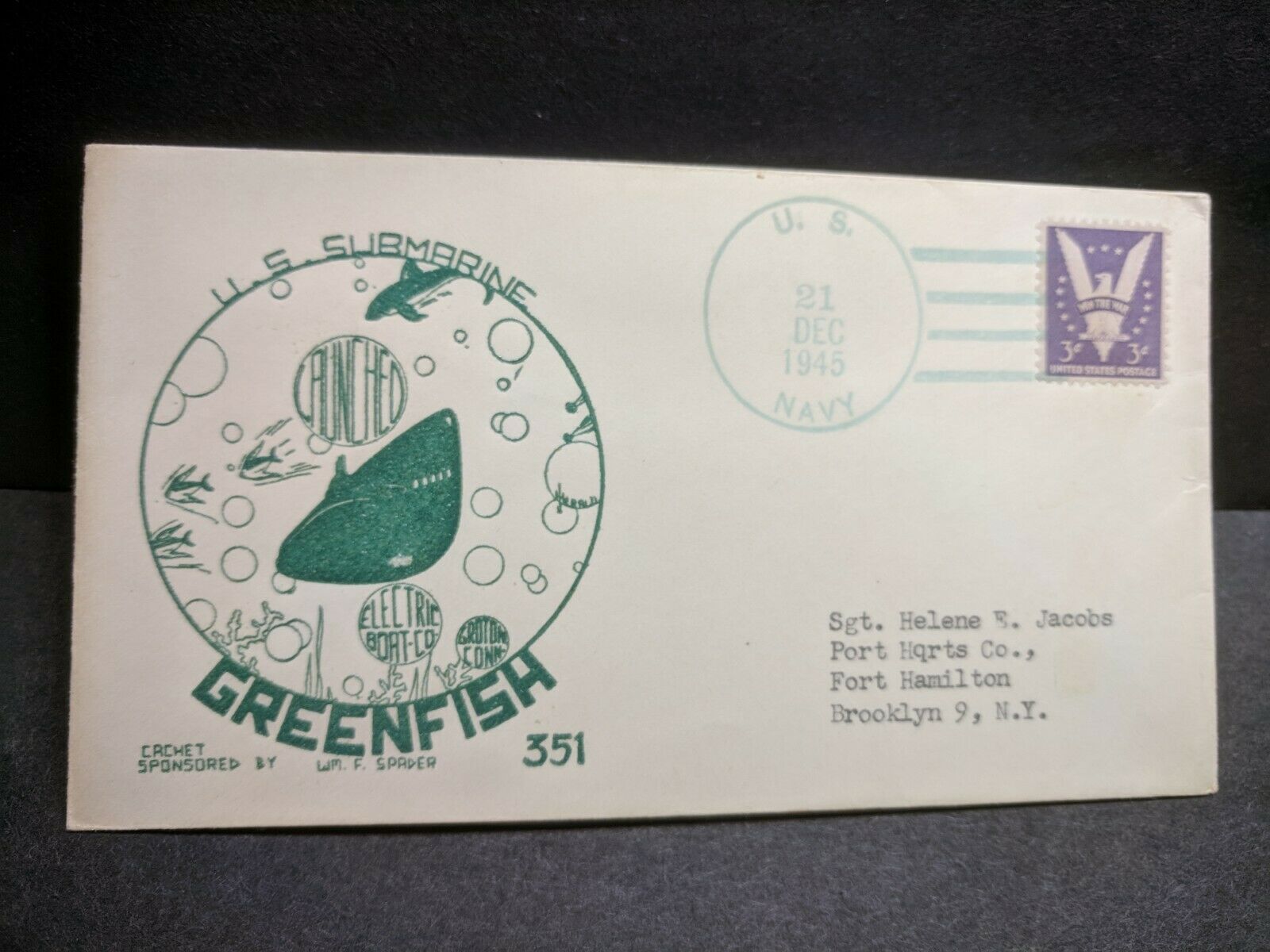 Submarine USS GREENFISH SS-351 Naval Cover 1945 SPADER Launch Cachet ...