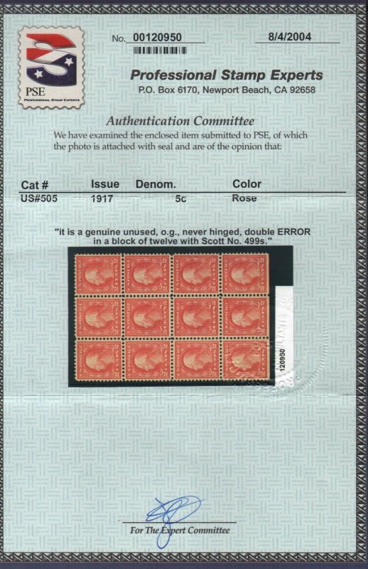 US Scott #505 Double Error in Block of 12 Mint-Xf-Og-Nh W/ PSE Cert (5 ...
