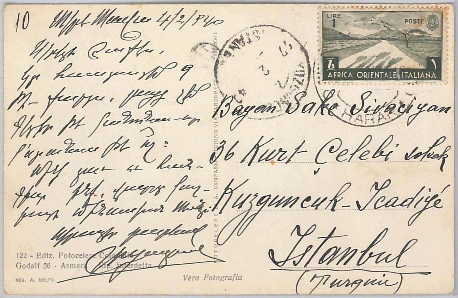 53340 - ITALIA COLONIE: AOI - Storia Postale: CARTOLINA a TURKIA Turkey ...