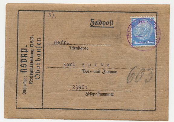 Packet label Oberhausen - Feldpost Germany WWII NSDAP - Fieldpost ...