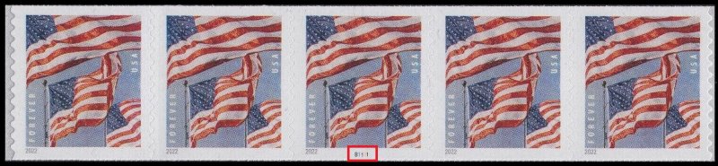 2022 US Stamp - US Flag BCA - Forever PNC 5 (From Coil of 100) - Scott ...