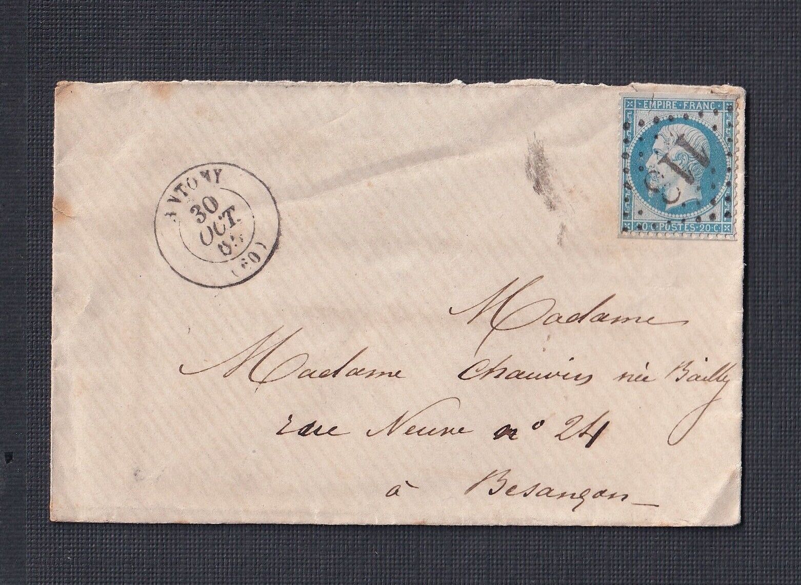 France 1865 20c Perf Issue on Cover Antony #118 Seine to Besancon ...
