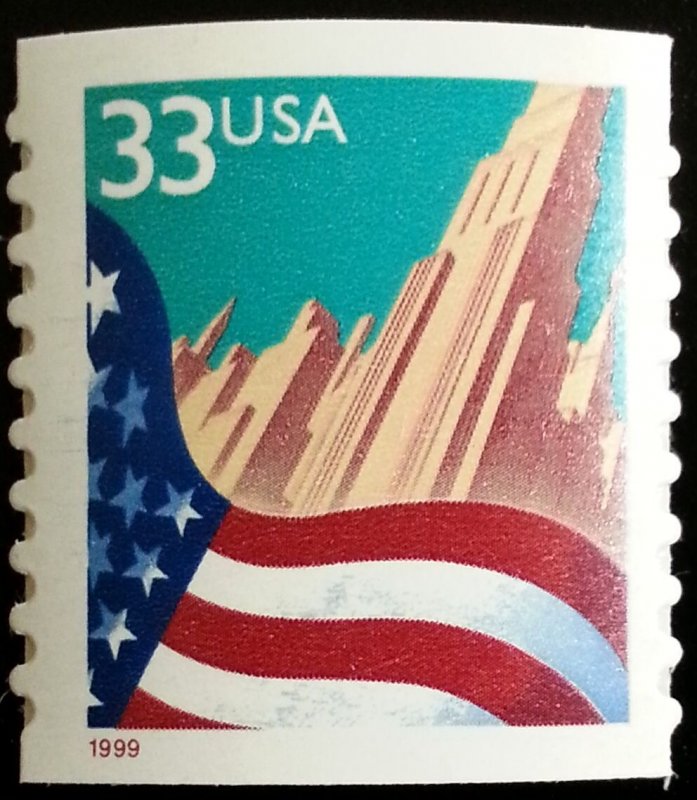 1999 33c Flag over City, Red date, Coil SA Scott 3281 Mint F/VF NH ...