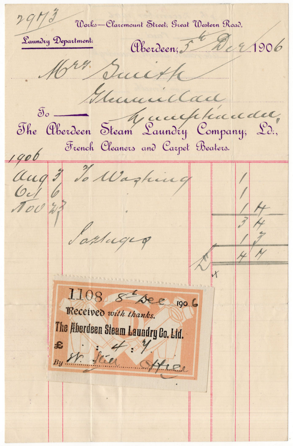 (I.B) Edward VII Revenue : Receipt Note (Aberdeen Steam Laundry ...