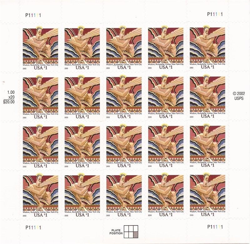 US Stamp - 2003 $1 Wisdom, Rockefeller Center - 20 Stamp Sheet #3766 ...