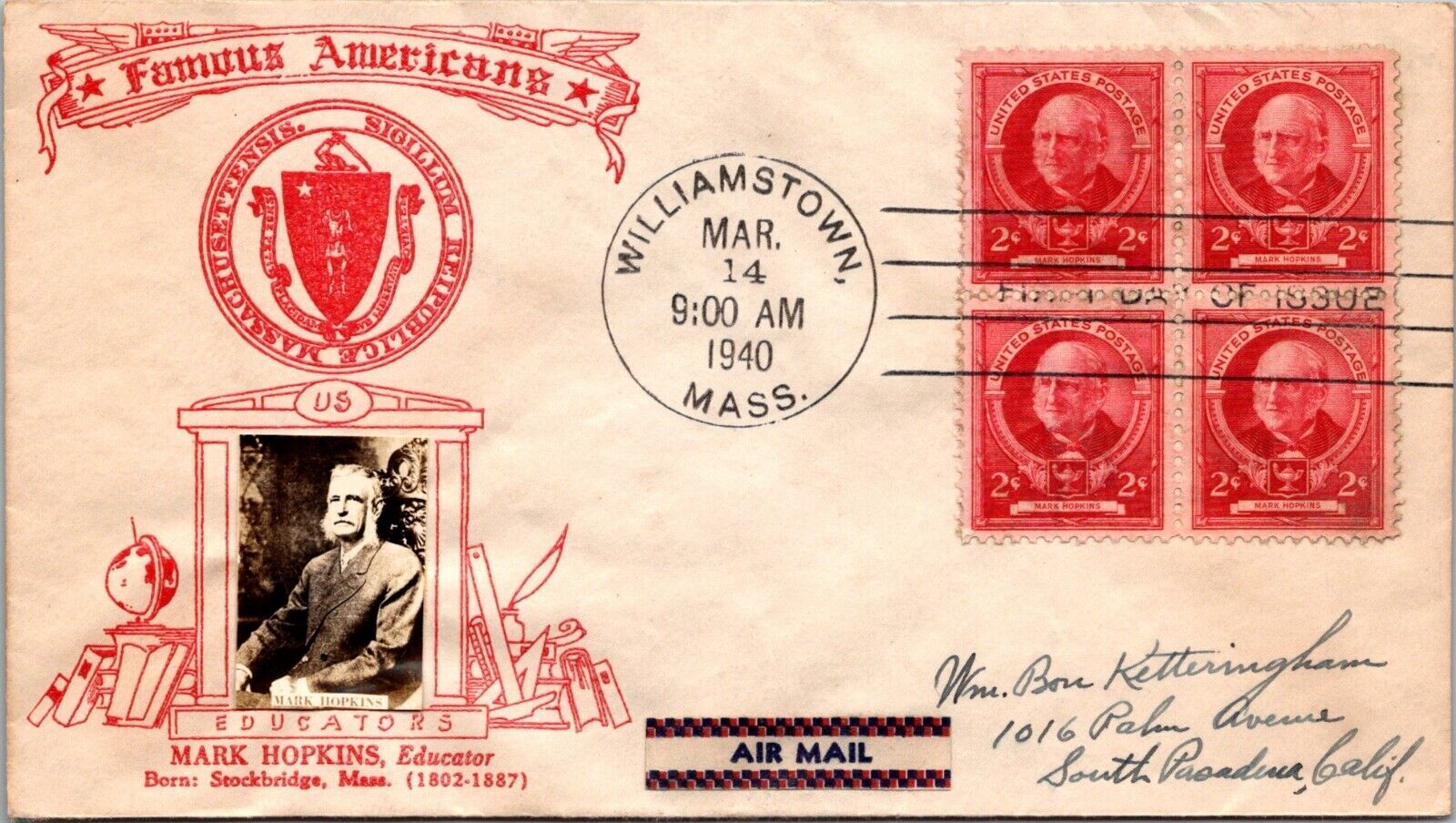 FDC 1940 SC #870 Crosby Cachet - Williamstowon, Mass - Block Of 4 ...