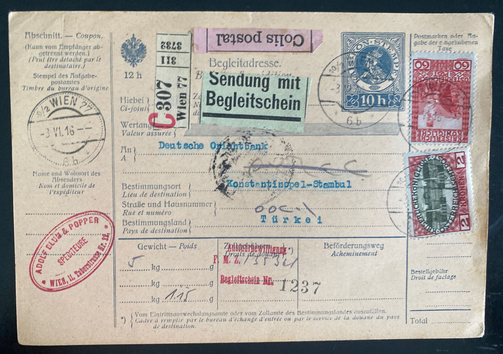 1916 Vienna Austria Parcel Receipt PS Card Cover to Constantinople ...