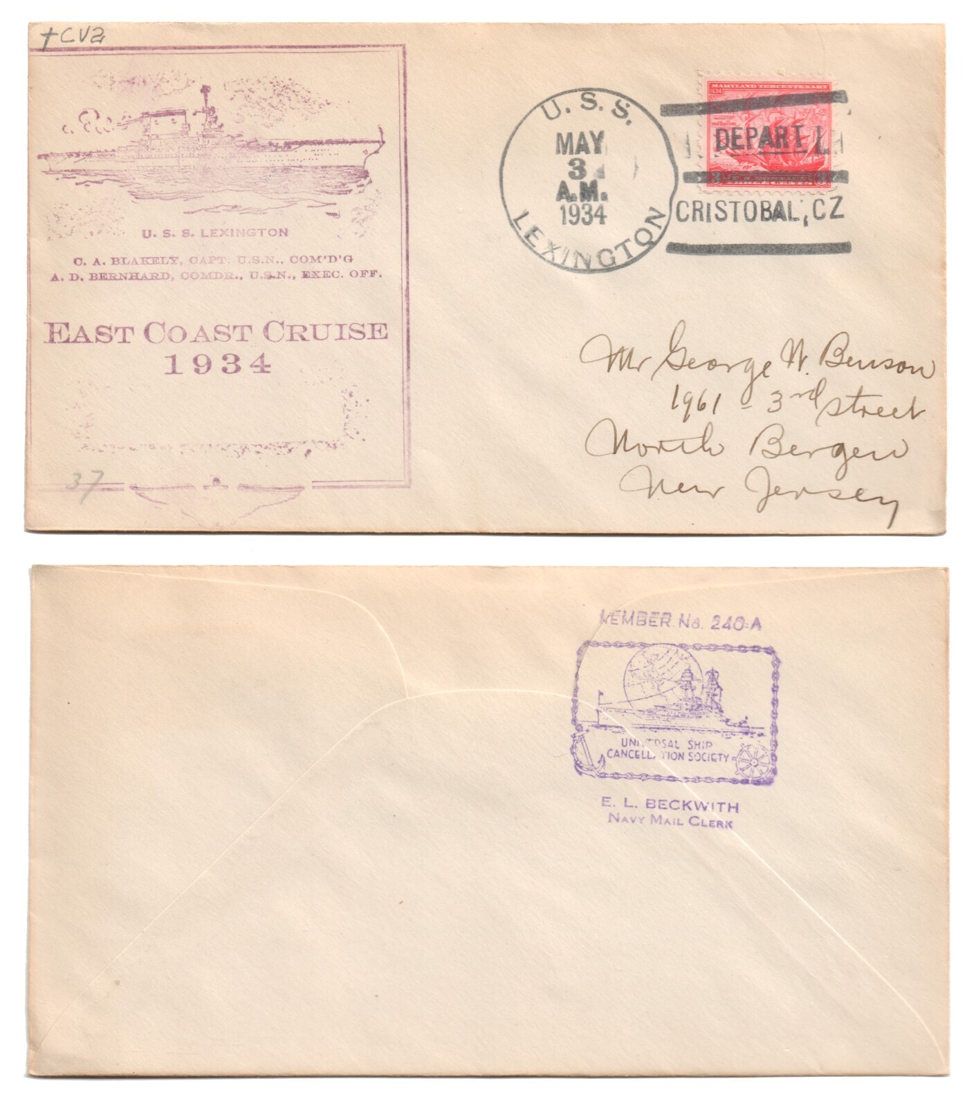 USS Lexington CV-2 Carrier (Sank) • 5/3/34 DEPART CRISTOBAL CZ Locy 3s ...