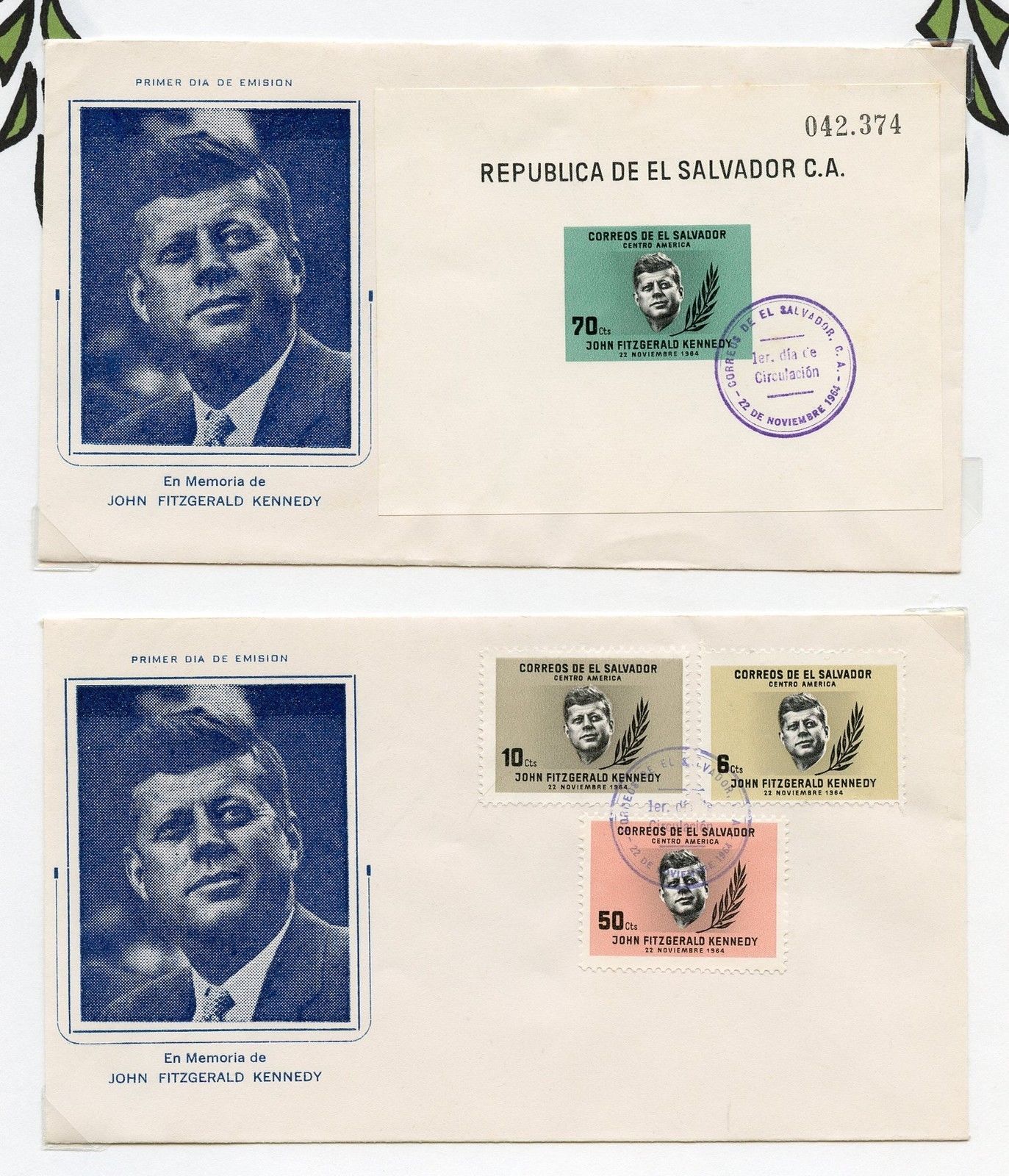 EL SALVADOR 1964 MEMORIAL JOHN F. KENNEDY SET & S/S'S ON FIRST DAY ...