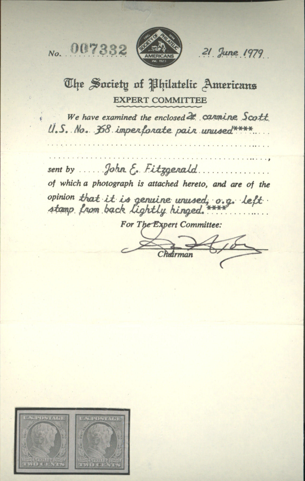 U.S. #368 Mint Pair With Cert OG LH | United States, General Issue ...