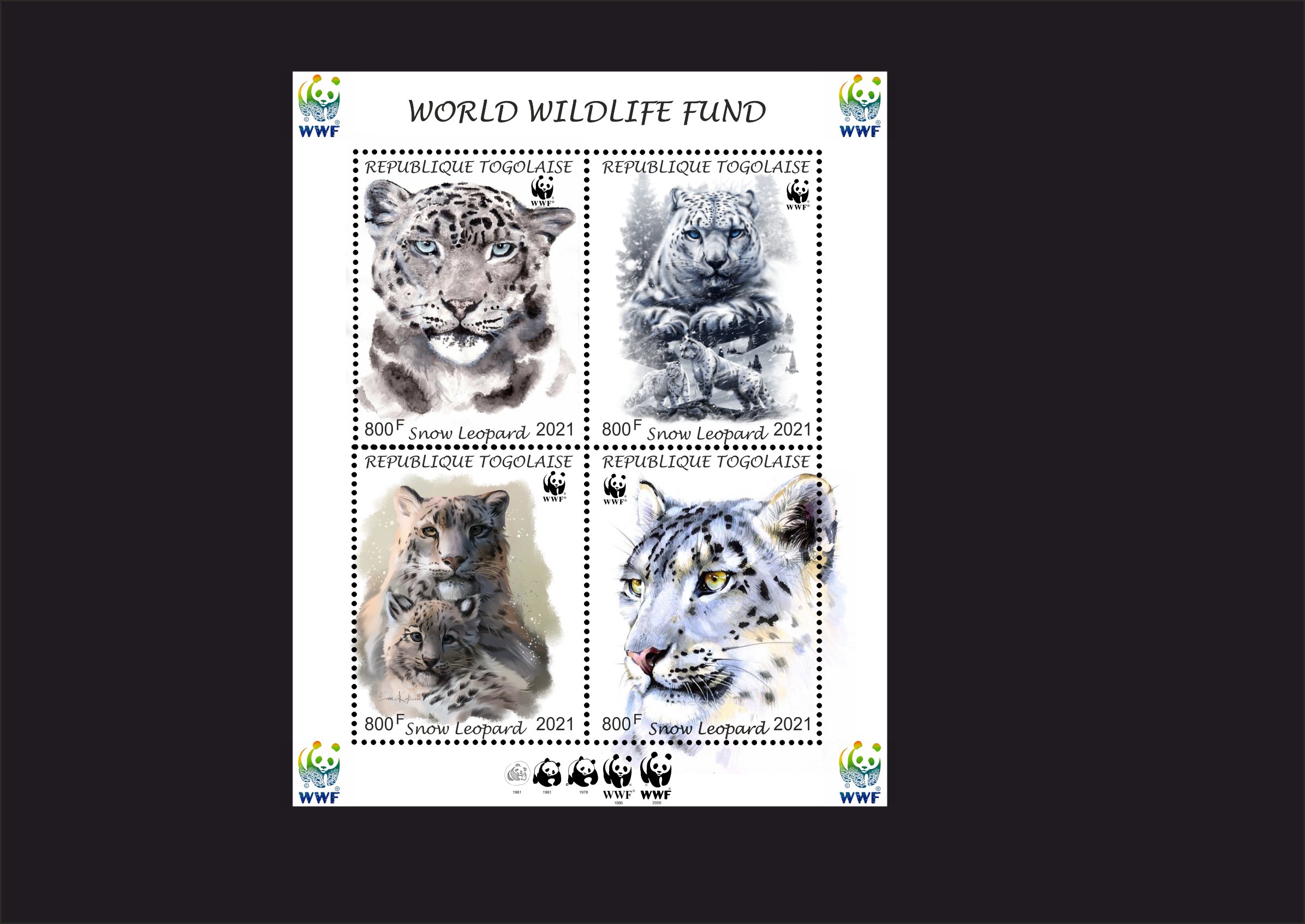 Stamps.Sheet 4 stamps. WWF Fauna Snow Leopard Togo 2021 year New ...