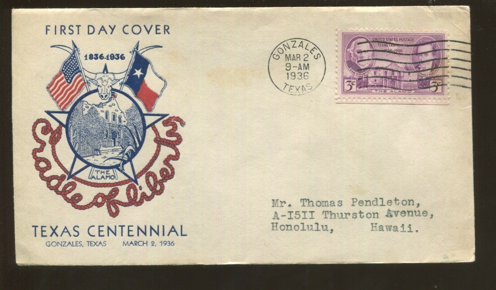 1936 Gonzales Texas to Honolulu Hawaii Centennial FDC Postal Cover ...