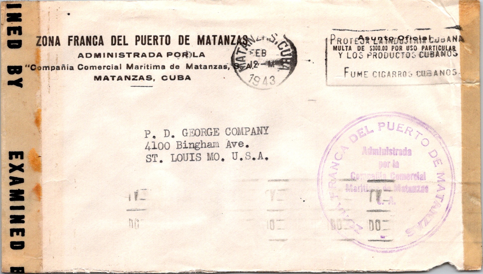 Cuba 1940-50 Postal History Wwii Censored Airmail Official Cover Addr ...
