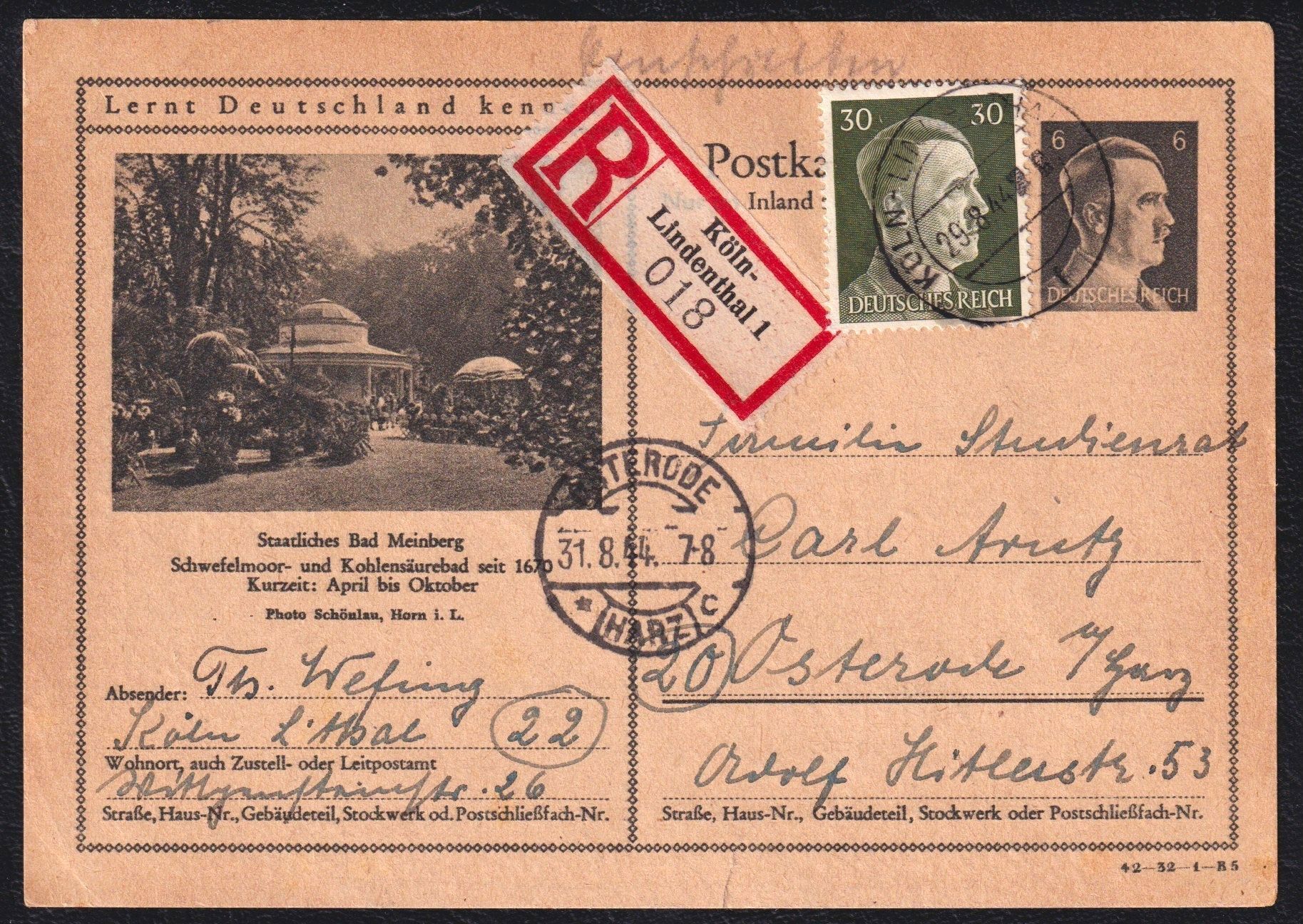 Nazi Germany (Third Reich) 1942 (44) Towns - Bad Meinberg Postal Card ...
