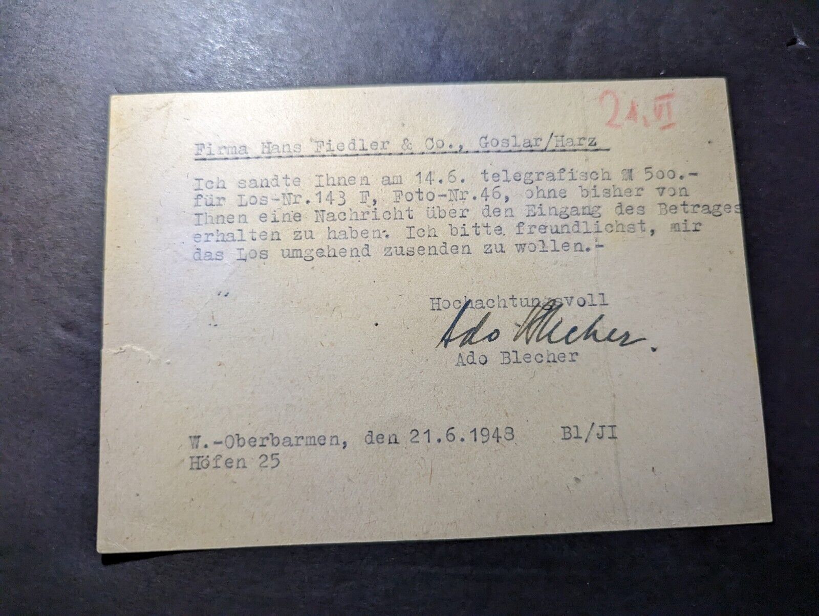 1948 Germany Postcard Cover Wuppetal to Goslar Hans Fiedler and Co ...