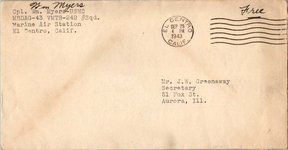 United States Marine Corps Soldier's Free Mail 1943 El Centro, Calif ...