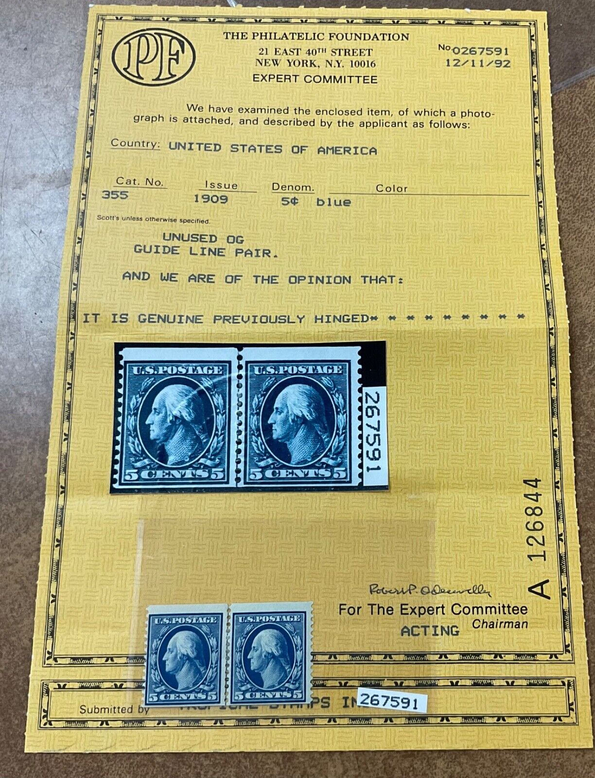 SCOTT #355 - LINE PAIR - Fine Genuine - OG PF Cert. SCV $1500 hinged ...