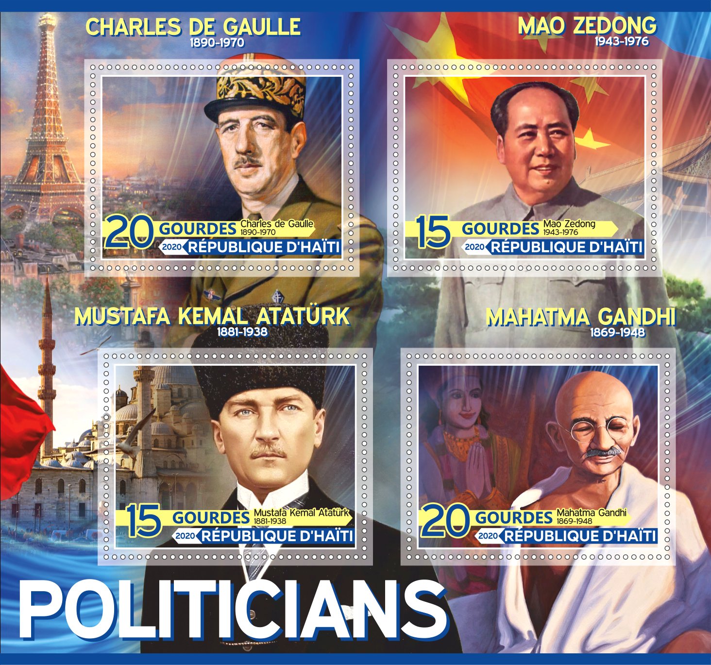 Stamps. Famous people. Winston Churchill 2020 year 1+1 sheets ...