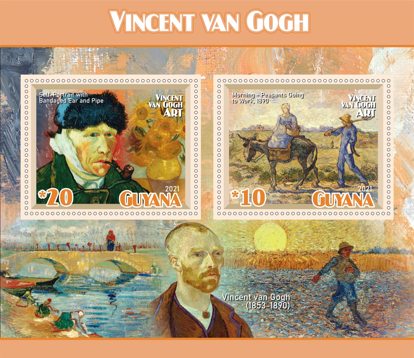 Stamps.Art. Painting. Vincent Van Gogh 1+1 sheets perf 2021 year Guyana ...