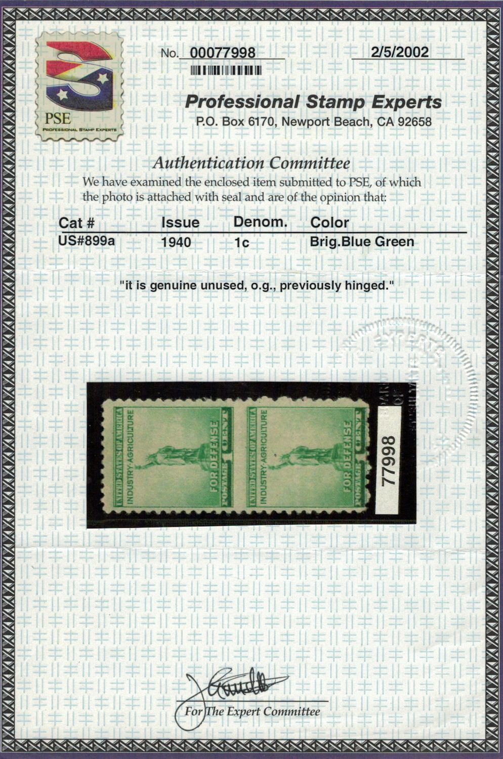 899a F/VF OG LH, Imperf Between Error, w/PSE ..MORE.. gg0777 | United ...