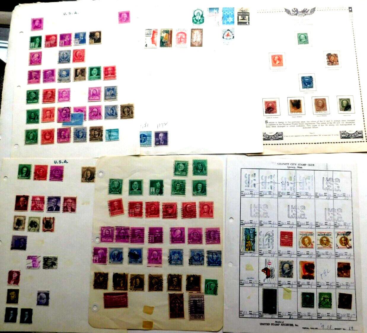 US Approx 600 stamps on Album Pages, Precancels, Reg, Air, 10c Famous ...