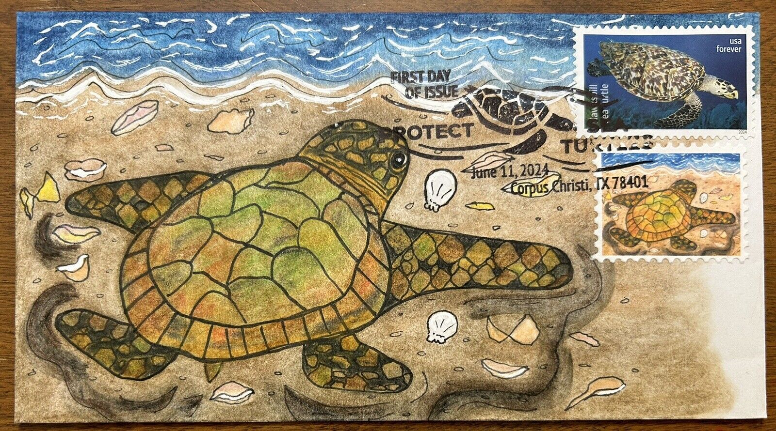 Protect Sea Turtles 2024 Hand Drawn Painted FDC Faux Stamp Cinderella ...
