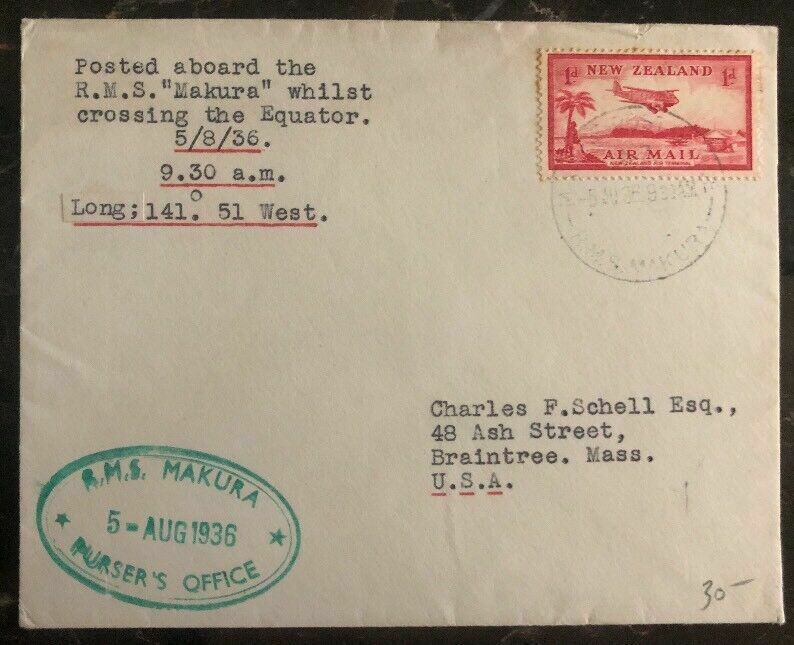 1936 New Zealand Paquebot Cover To Brainstree Ma USA RMS Makura ...