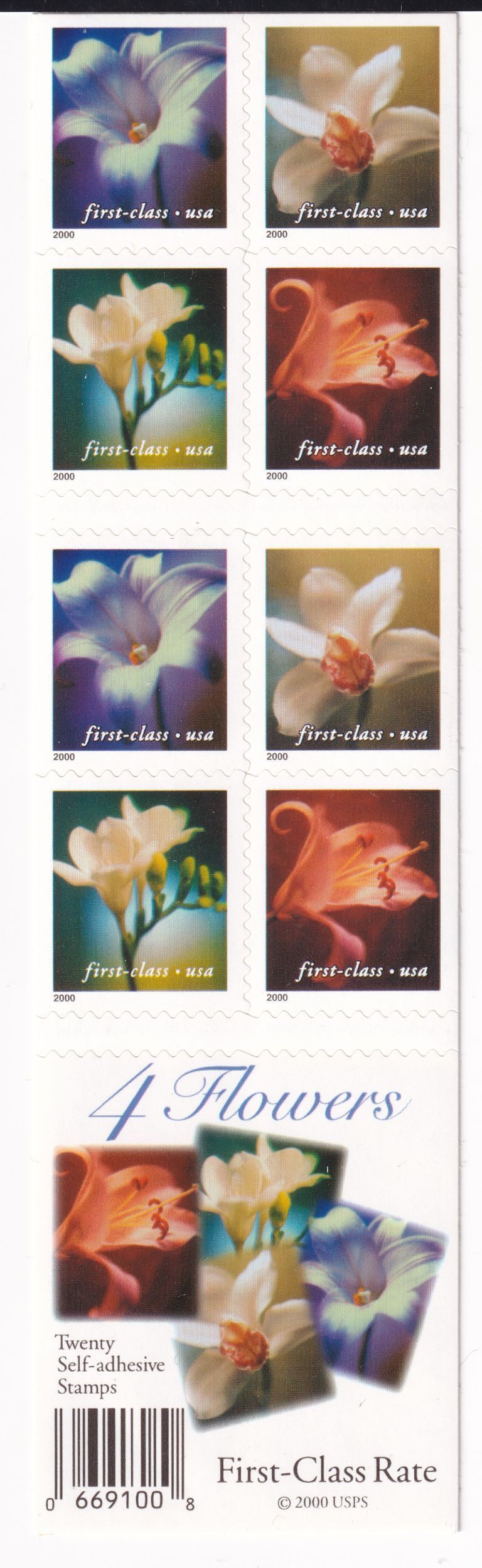 Sc# 3454 / 3457e U.S 1st class "Flowers" 2000 booklet of 20 MNH CV $22. ...