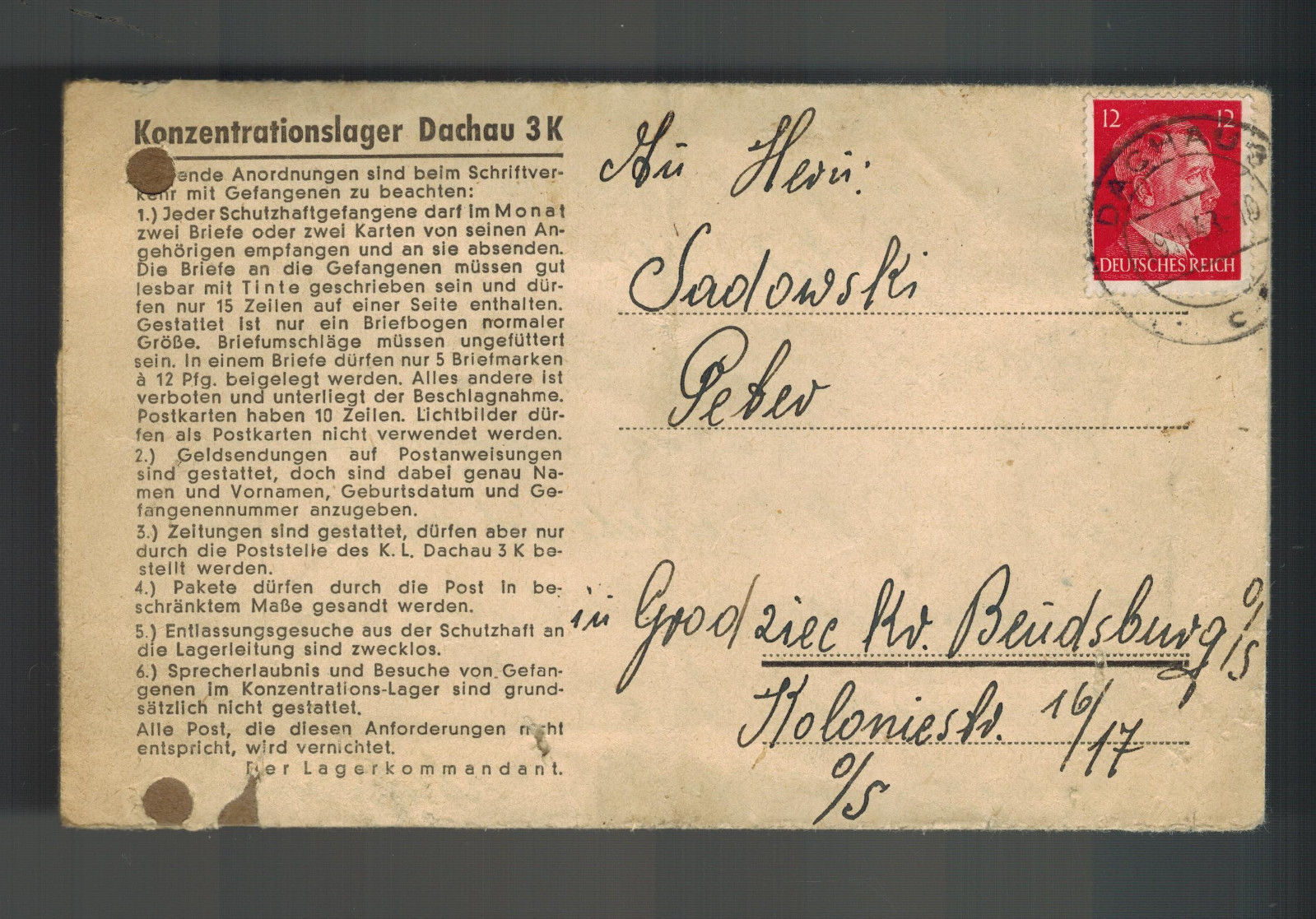 1943 Germany Dachau Concentration Camp KZ Letter Cover Peter Sadowski ...