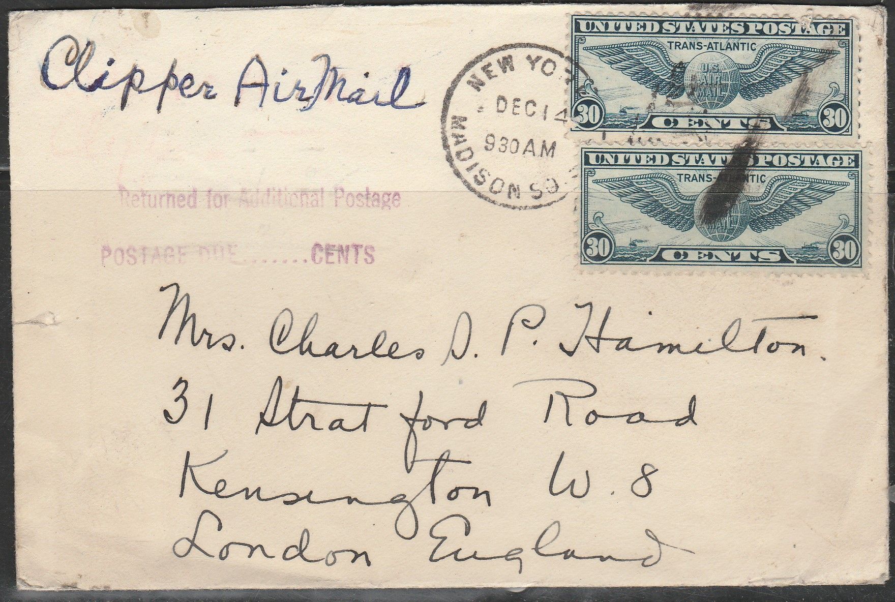 U.S. C24, 30¢ TWO Stamps on Cover With Clipper and Postage DUE Handst ...