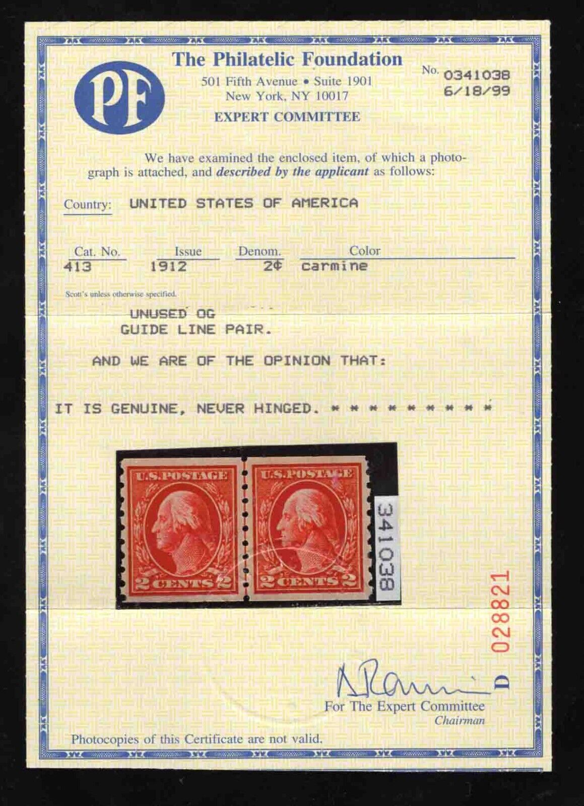 US Stamps #413 Coil Guide Line Pair Mint OG NH XF+ PF Cert LOT #79337 ...