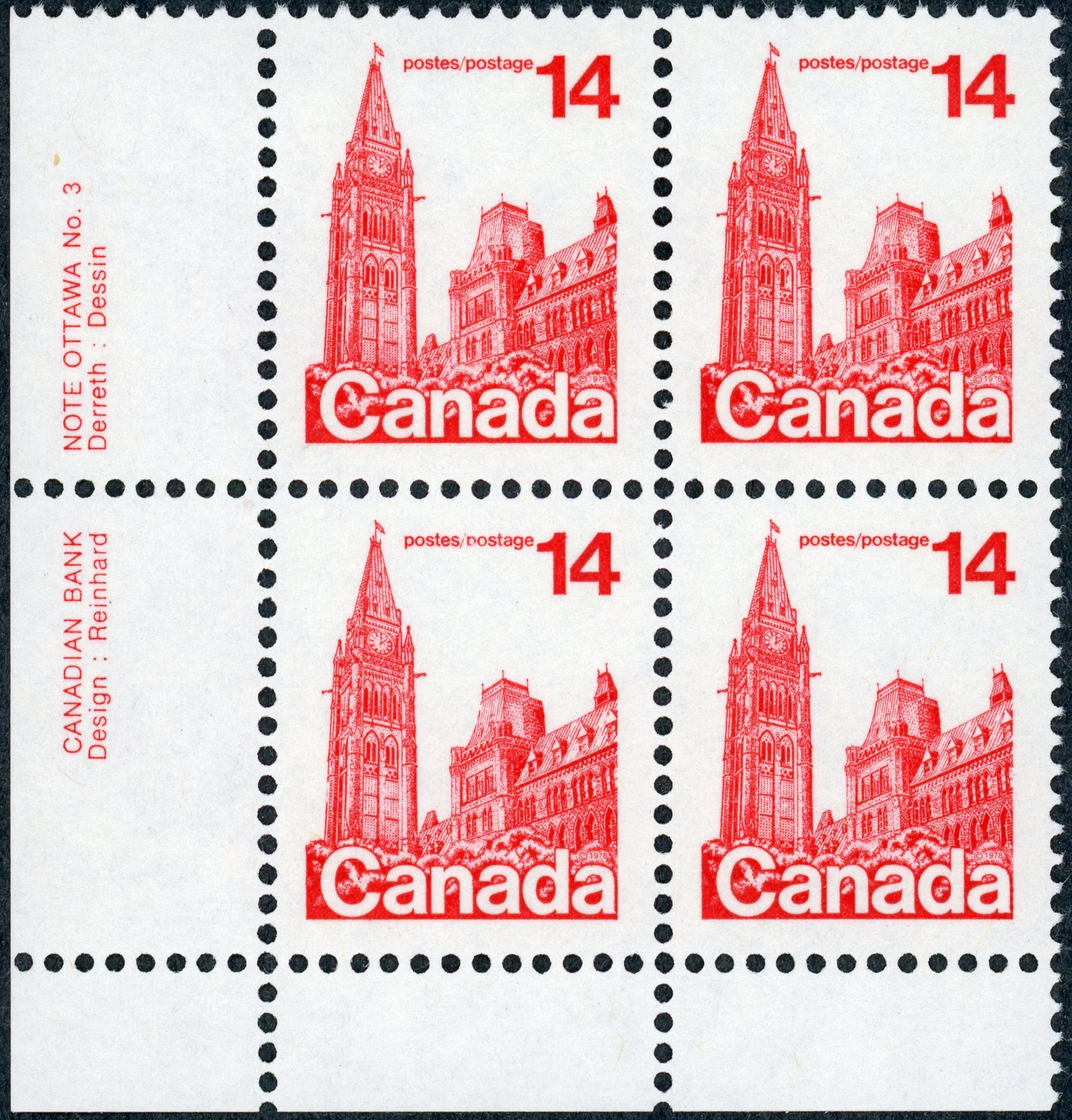 Canada: 715 Plate 4 Block with Unitrade variety 715viii "closed blind ...