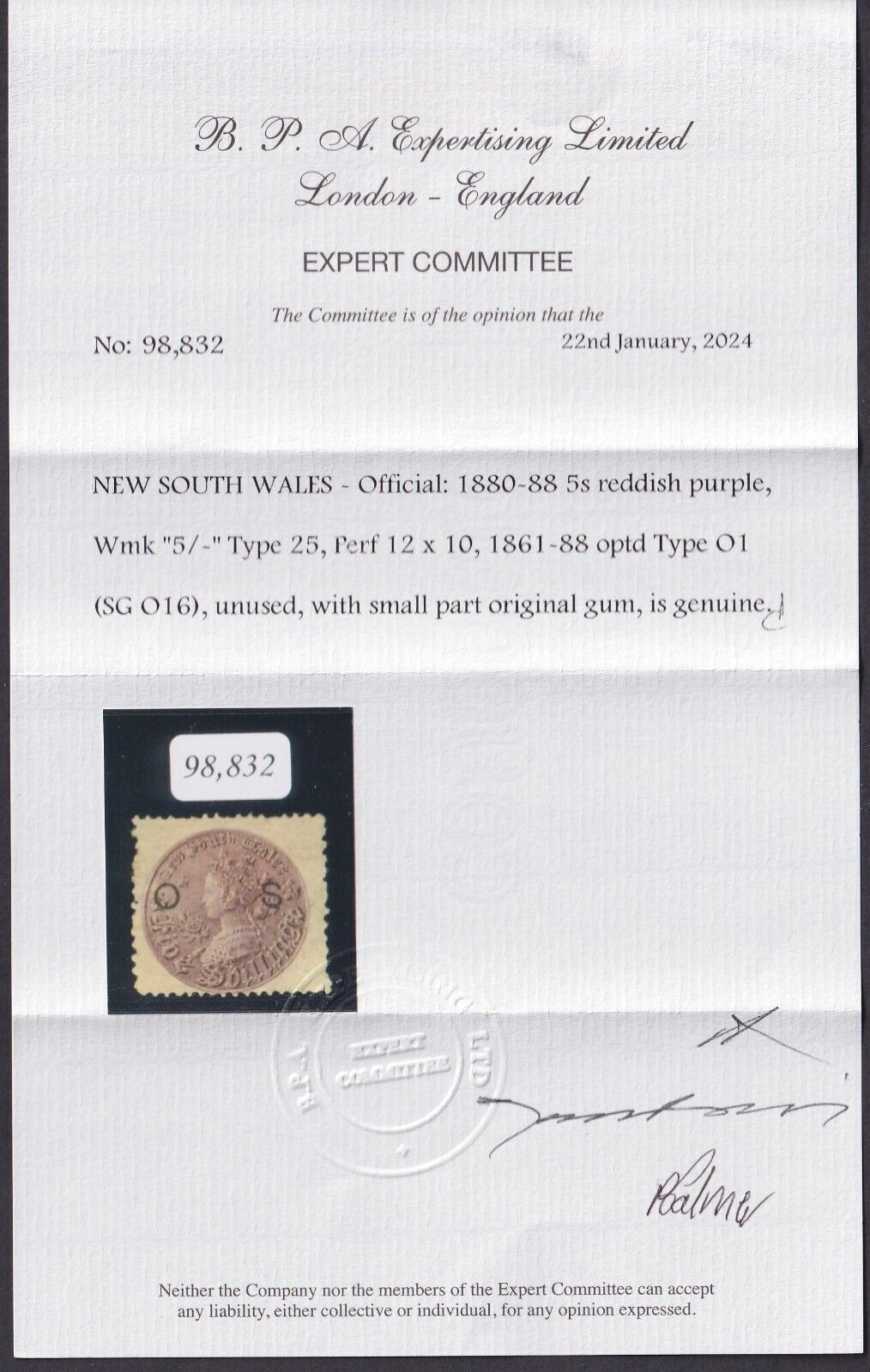 New South Wales, Scott O11c (SG O16), Mint part OG, w/ BPA cert ...