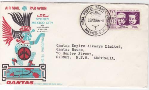 qantas 1966 sydney mexico australia air mail stamps flight cover ref ...