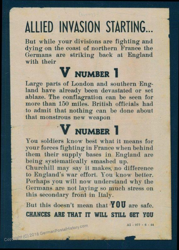 V1 1944 Bombing England Italy Rocket Propaganda Leaflet 92581 ...